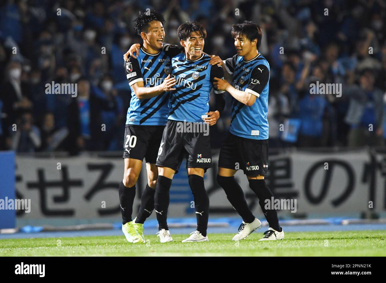 Kawasaki Todoroki Stadium, Kanagawa, Japan. 19th Apr, 2023. Yamada Shin (Frontale), Seko Tatsuki ...