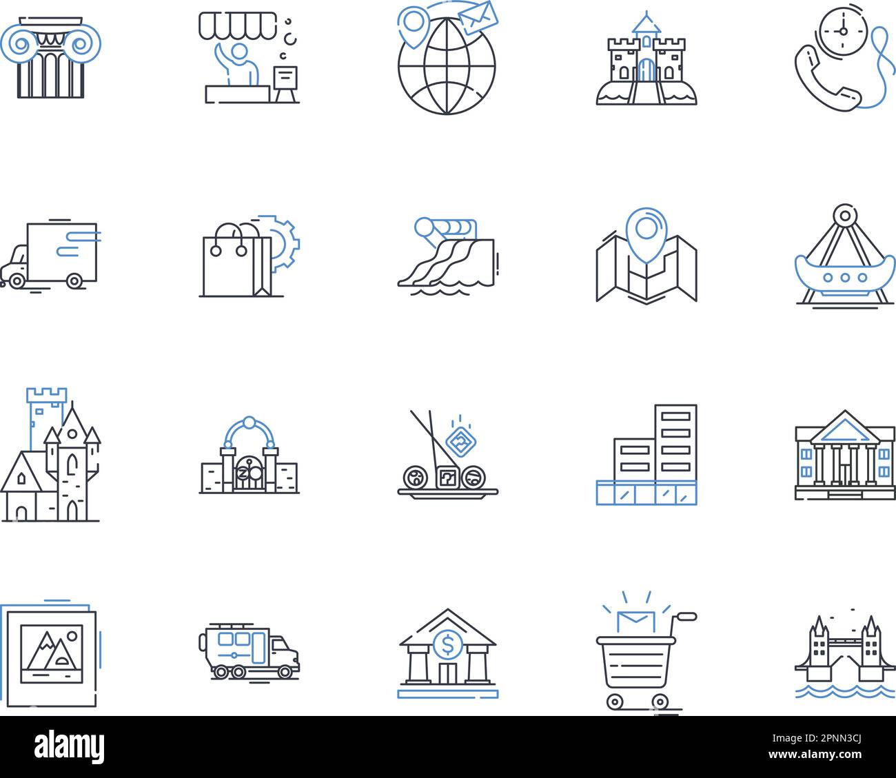 Commercial district shopping line icons collection. Boutiques, Malls ...
