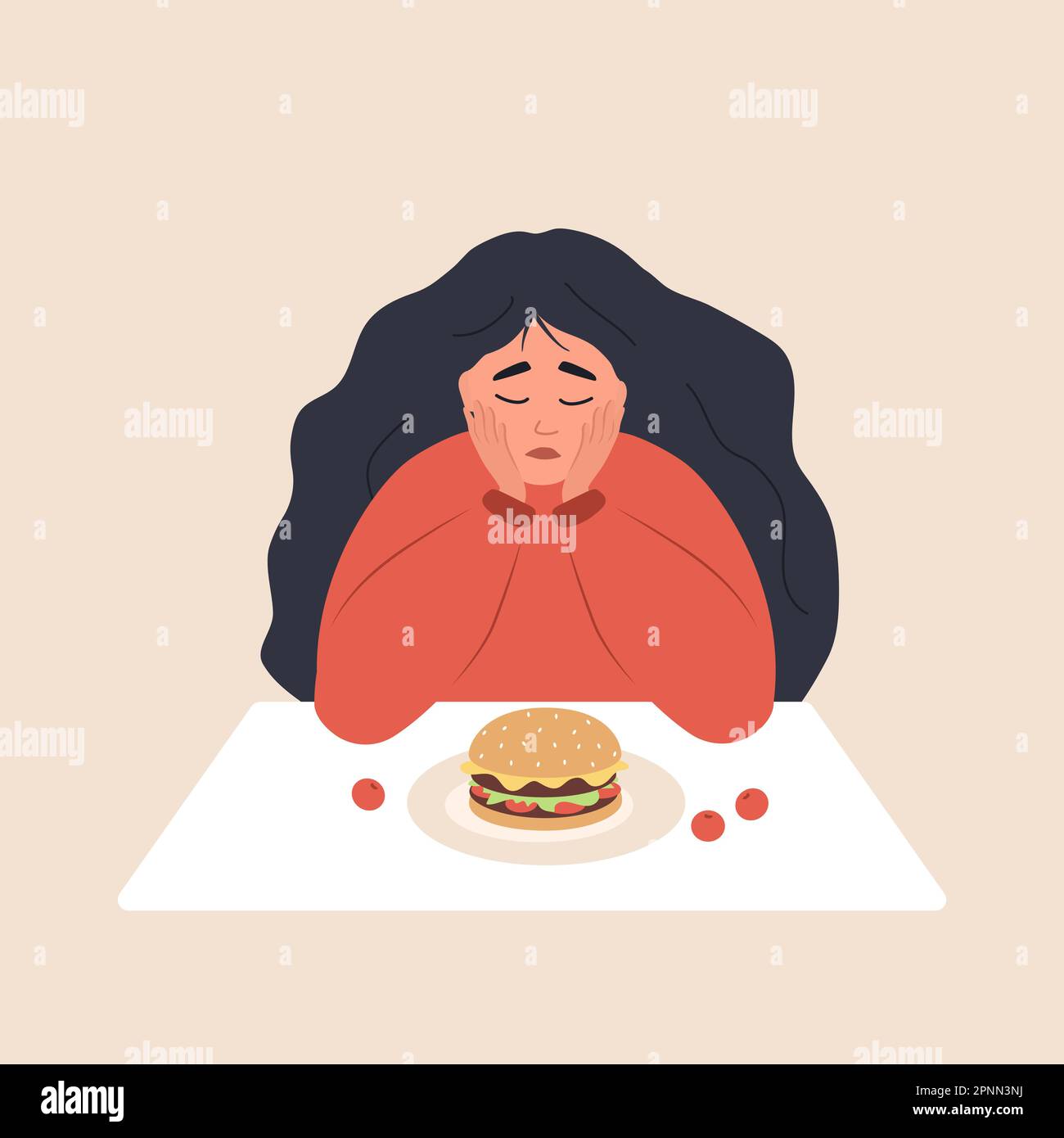 Eating disorder. Sad woman looks at hamburger and worries about being ...
