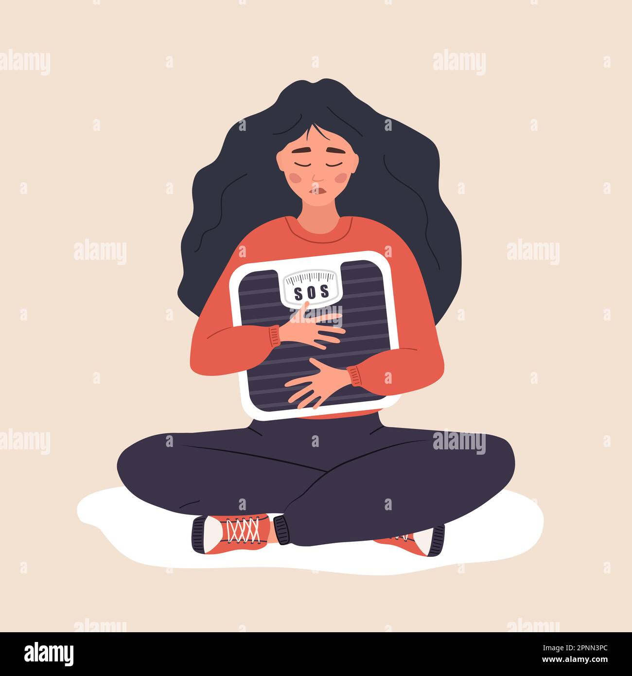 Eating disorder. Sad girl hugs weight scales and worries about being ...