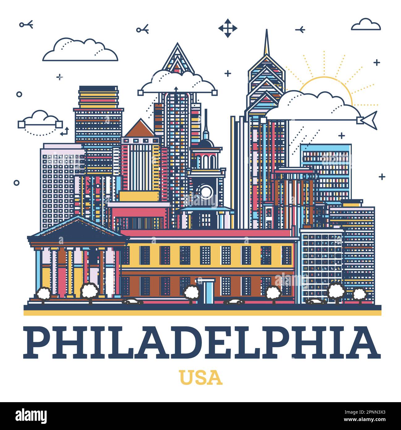 Outline Philadelphia Pennsylvania City Skyline with Modern Colored ...