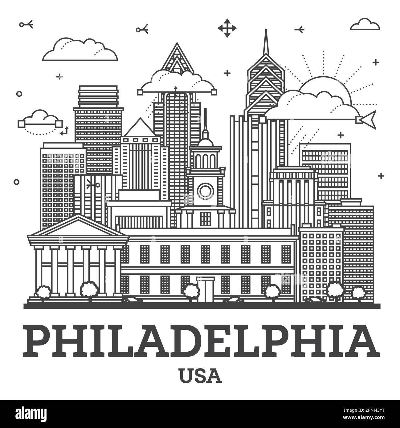 Outline Philadelphia Pennsylvania City Skyline with Modern and Historic ...
