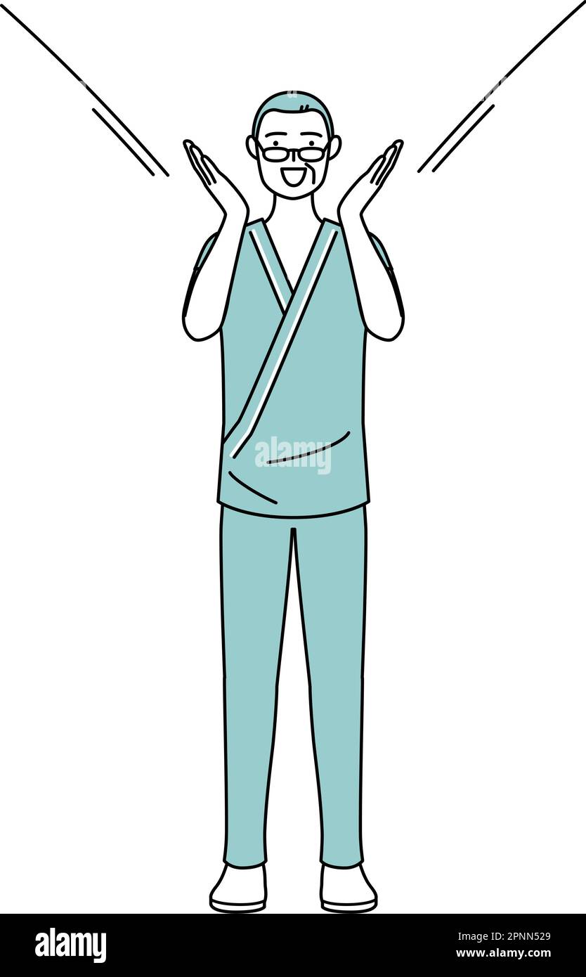 Middle-aged and senior male admitted patient in hospital gown calling ...