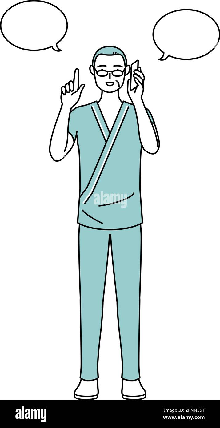 Middle-aged and senior male admitted patient in hospital gown pointing ...