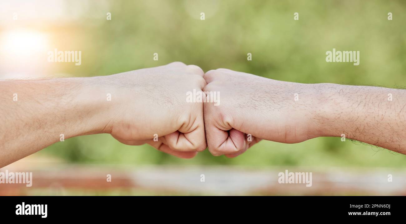 Closeup of people, hands and fist bump for success, teamwork and ...