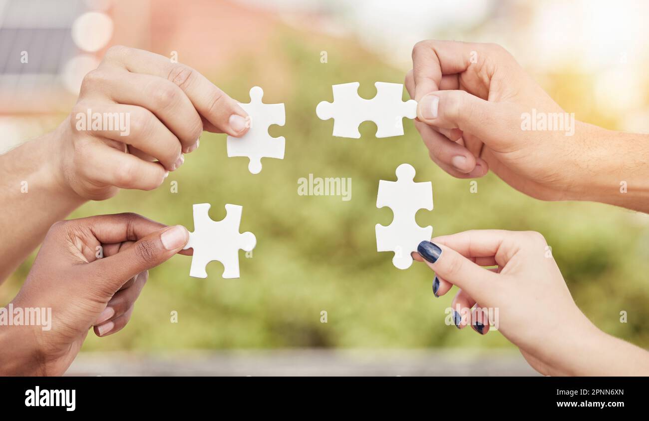 Closeup group of people, hands and puzzle for teamwork, solution and ...