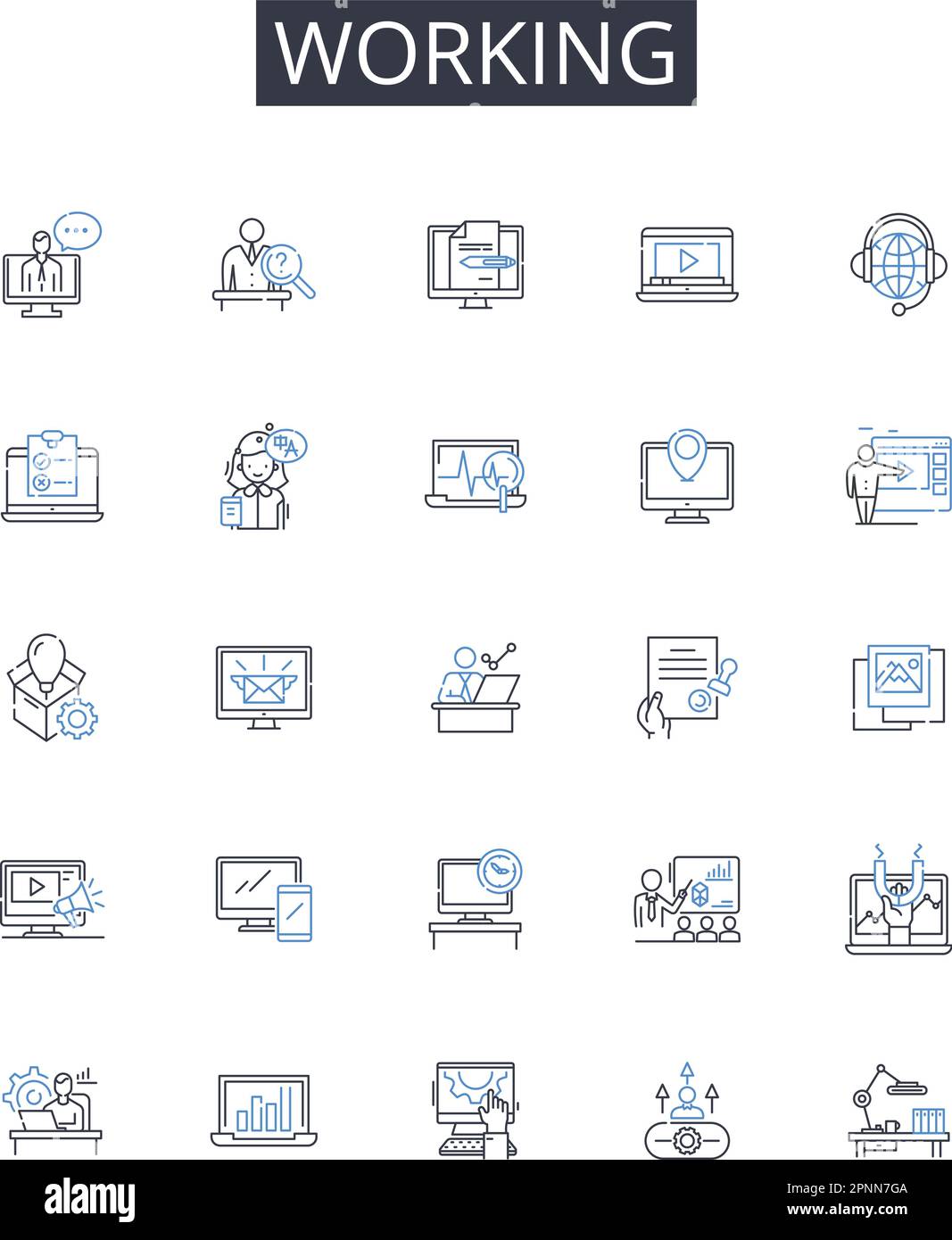 Working line icons collection. Laboring, Engaged, Employed, Occupied, Operating, Serving ...