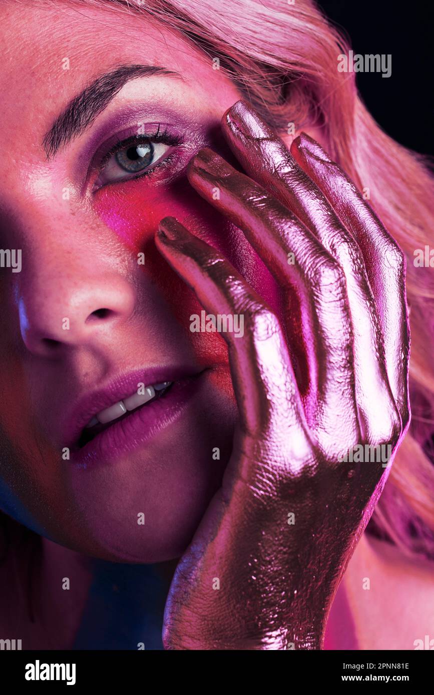 Woman, art portrait and fantasy in metallic makeup for beauty ...