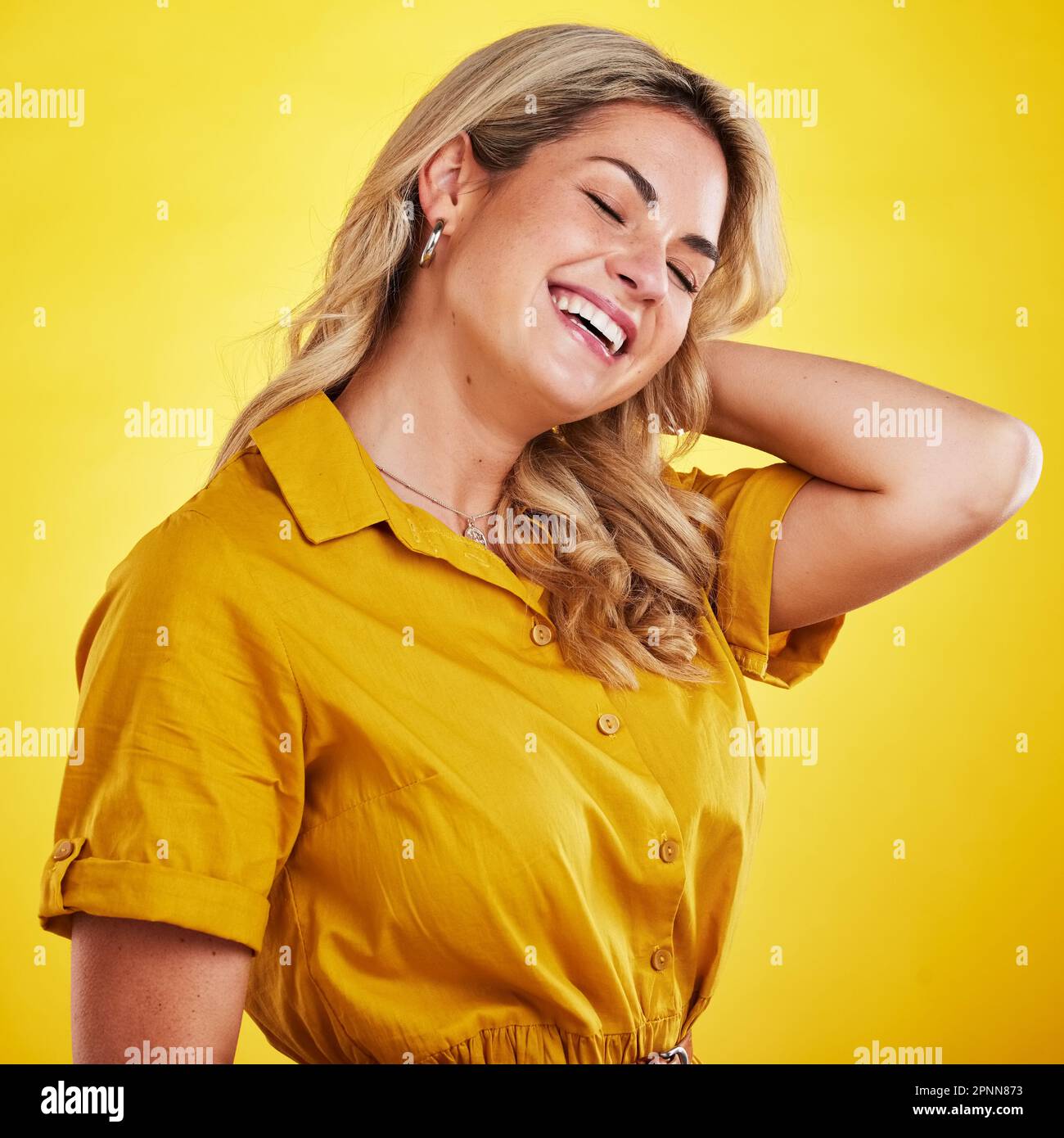 Happy, funny and woman laughing, humor and carefree confident girl ...