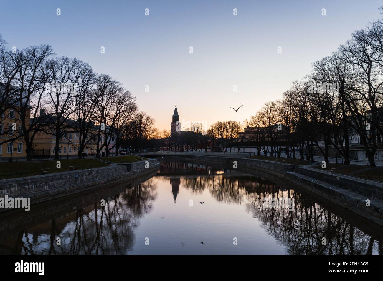 Aura river and Turku Cathedral in Turku, Finland in spring during ...