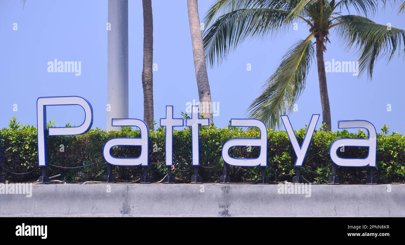 A 'Pattaya' sign at the seaside resort of Jomtien, Pattaya, Thailand ...