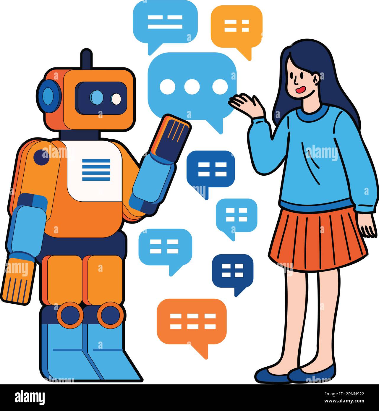 woman talking to AI robot illustration in doodle style isolated on ...