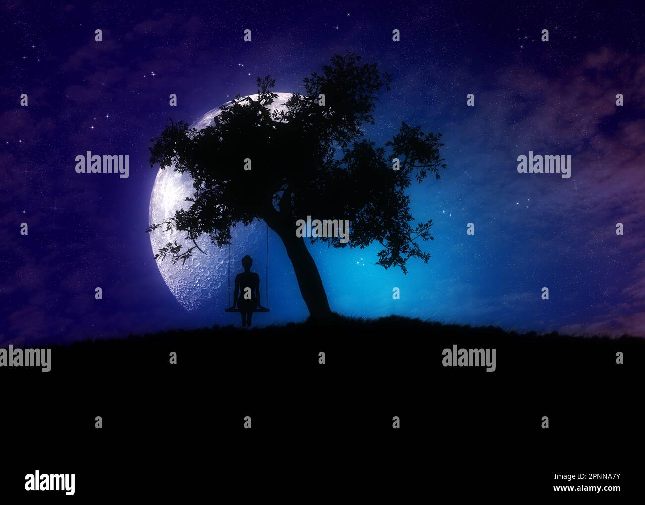 Silhouette of a girl on a swing under the big tree at night time ...