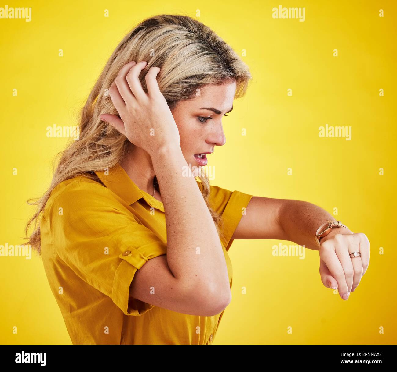 Watch, late and woman checking the time in a studio with a shock ...