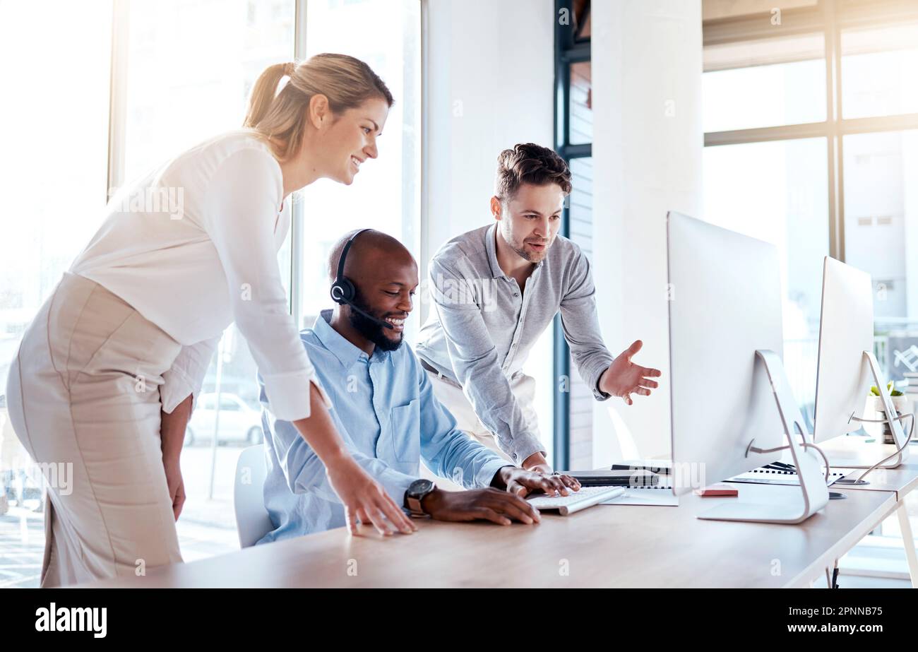 Call center team, group of people and help at computer, support in ...