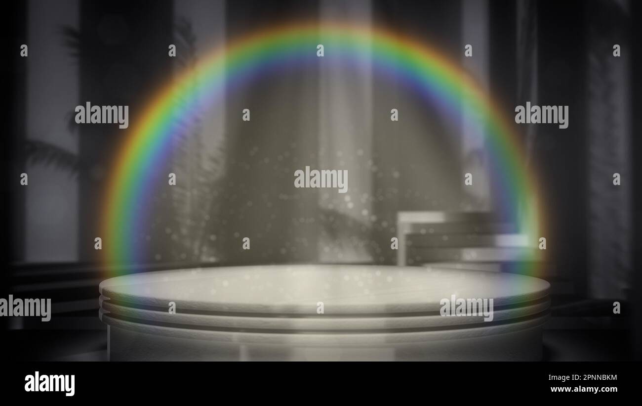 dark trendy demonstration parlour background with rainbow and palm ...
