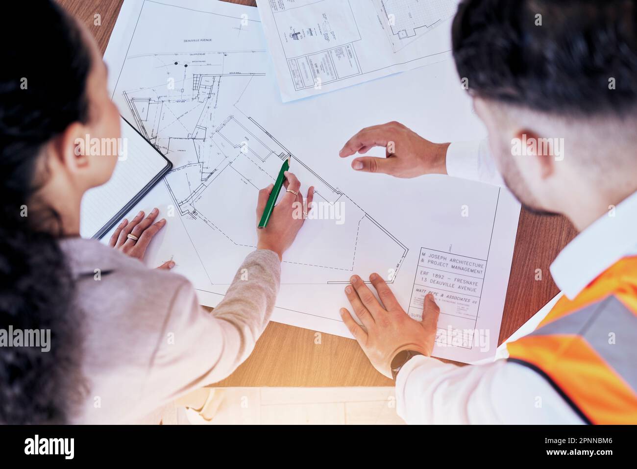 Architecture, planning and blueprint with top view of people for ...