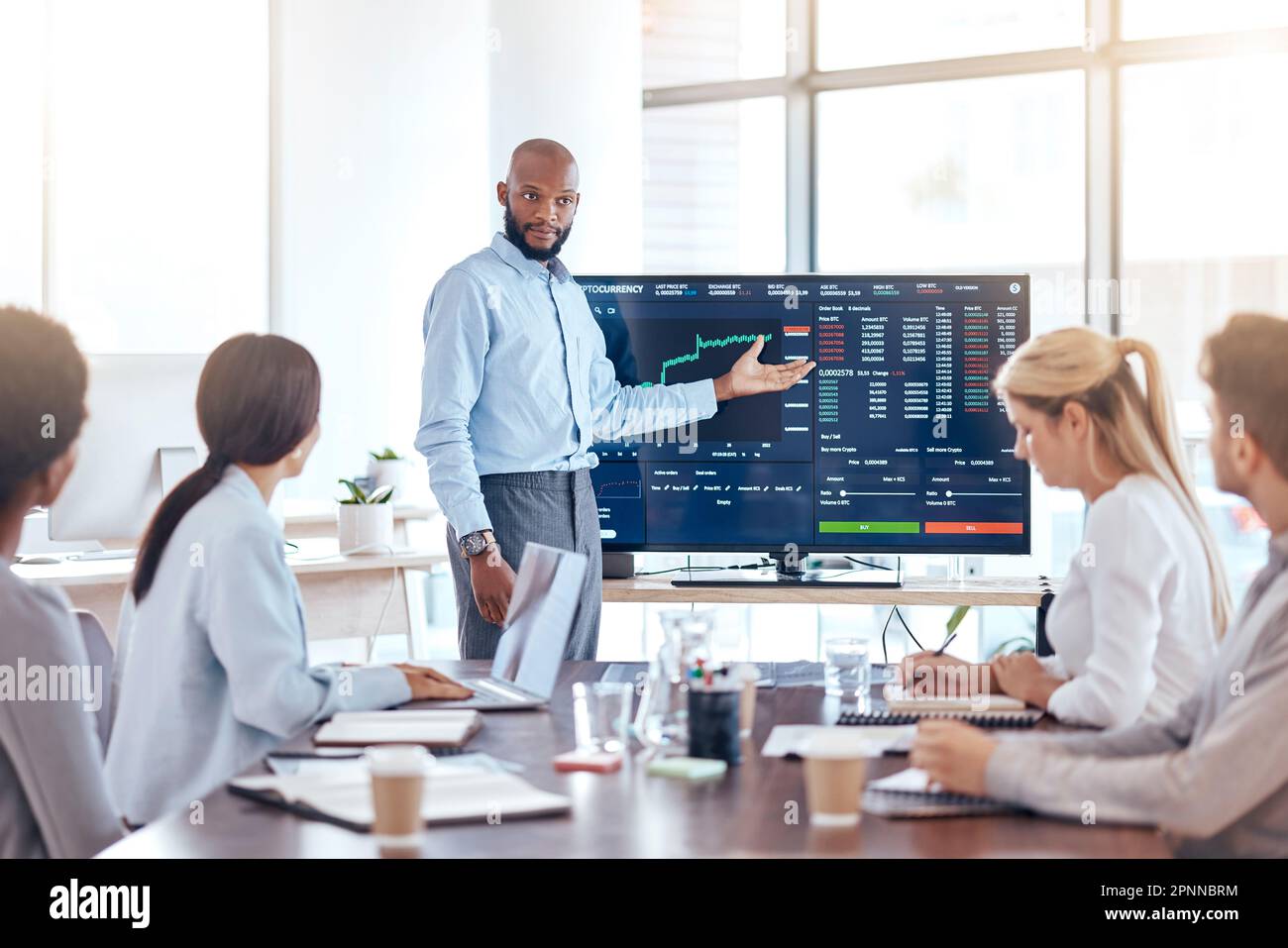 Black man, trading coach and screen with stock market dashboard ...