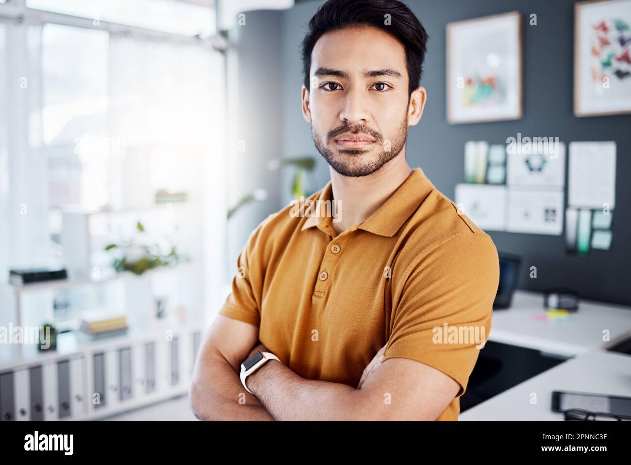 Manager portrait, crossed arms and serious man with office career focus ...