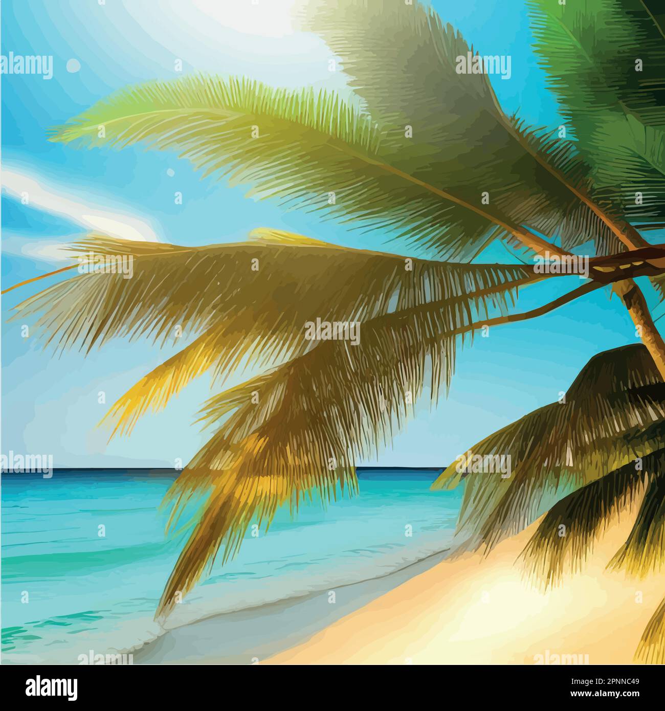 Tropical Paradise Island Sandy Beach Palm Trees And Sea Vector