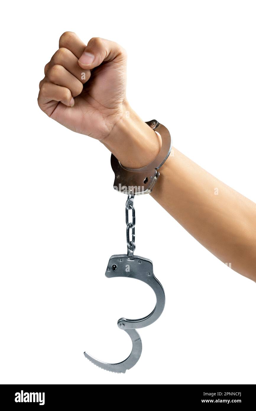 Arrested man with a handcuff on his hand isolated over white background ...