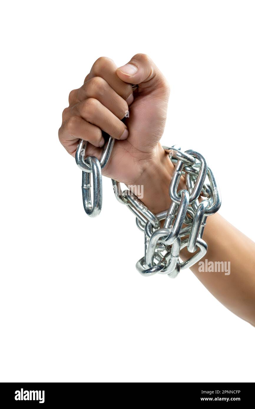 Humans hand-tied with a chain of metal steel isolated over white ...