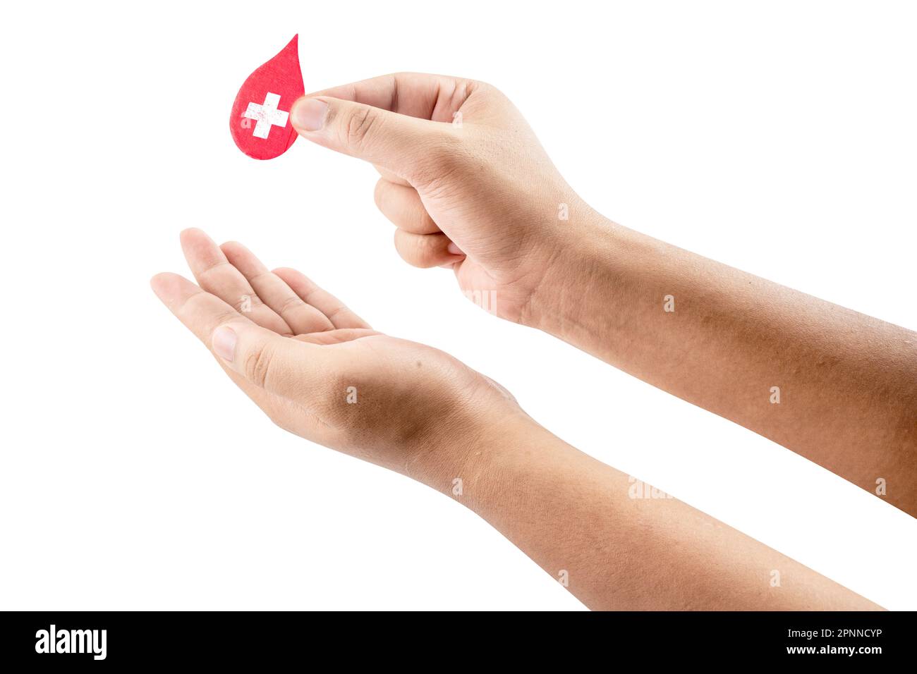 Human hand giving red blood drop isolated over white background Stock ...