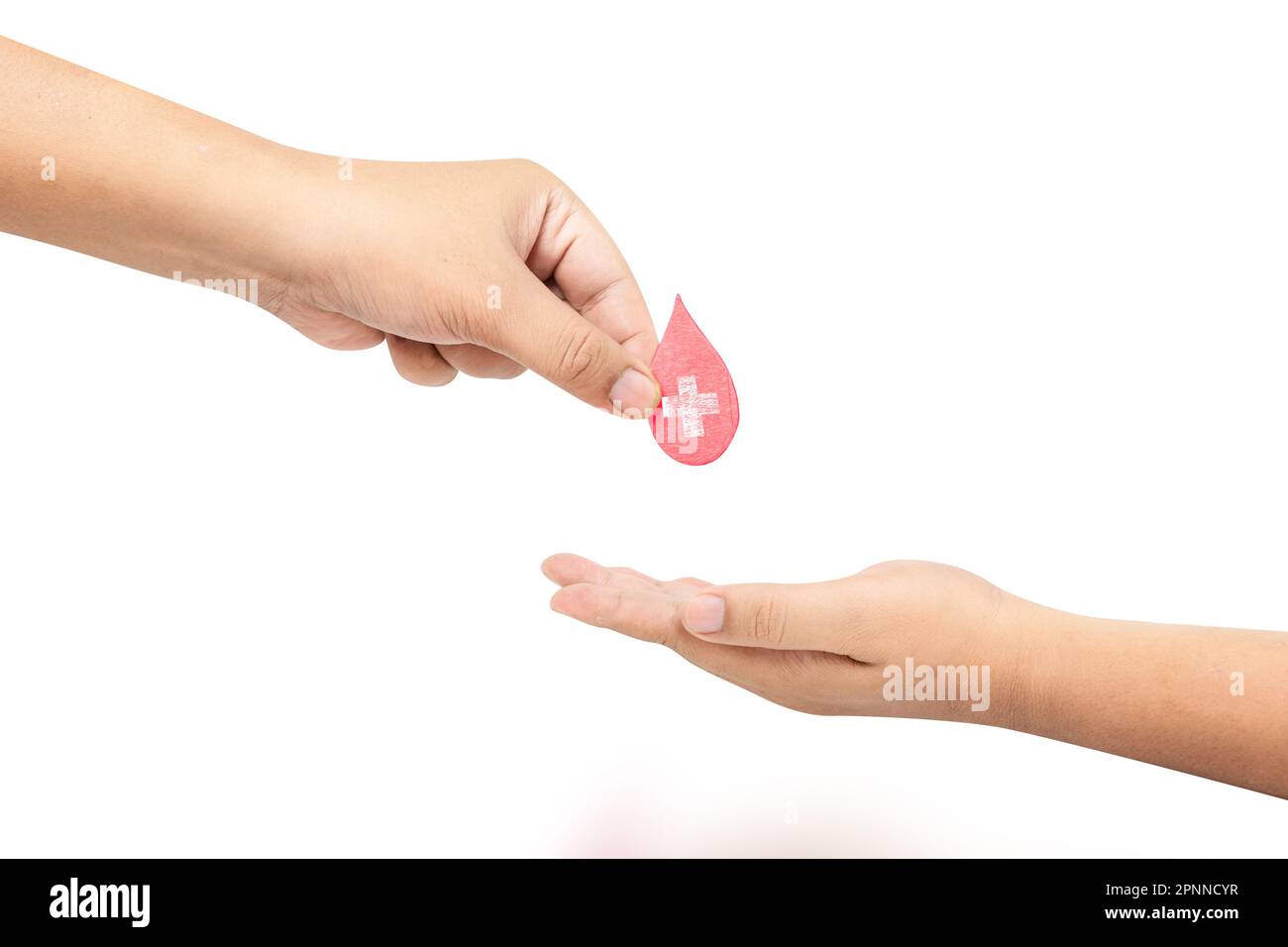 Human hand giving red blood drop isolated over white background Stock ...