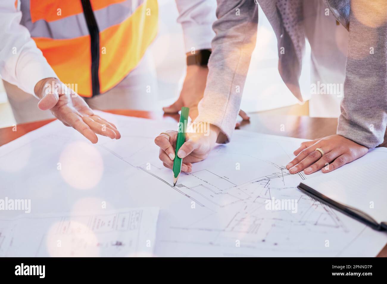 Architecture, drawing and blueprint with hands of people for project ...