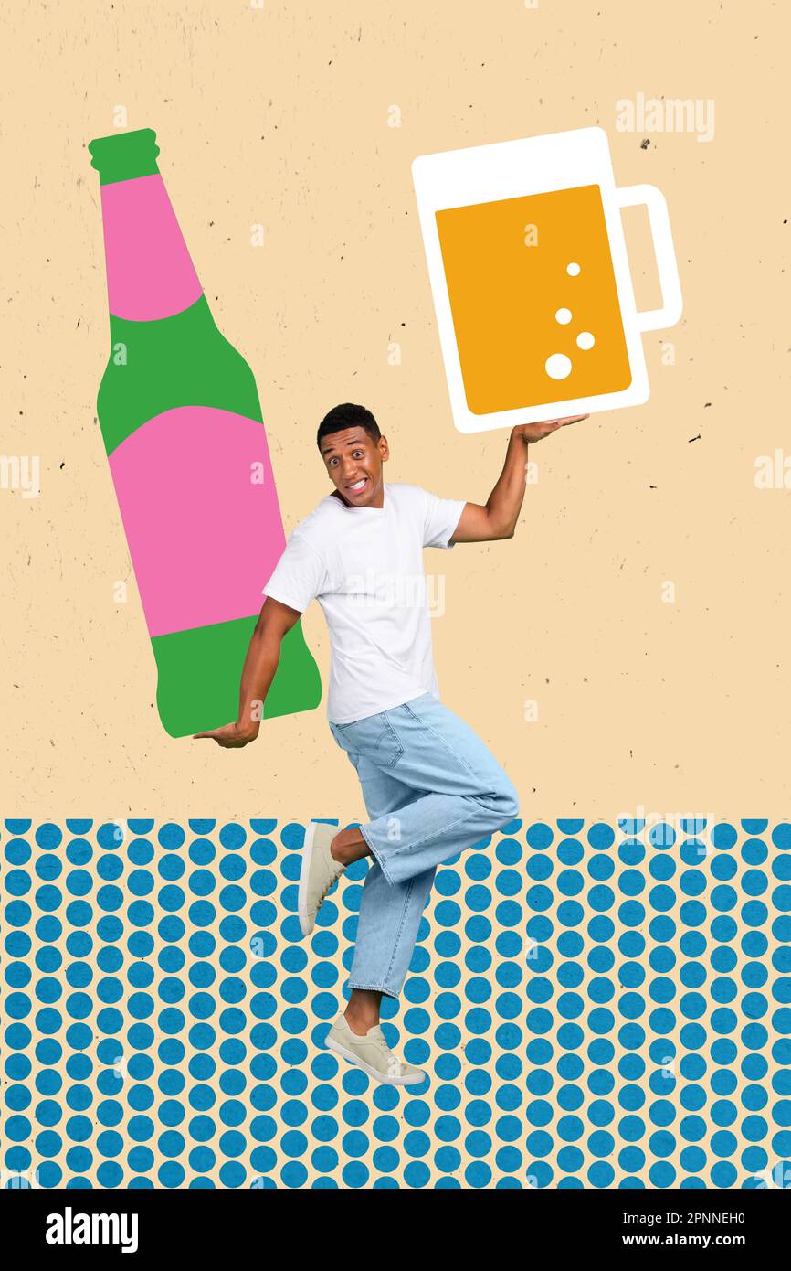 Vertical collage picture of mini overjoyed guy arms hold huge beer ...