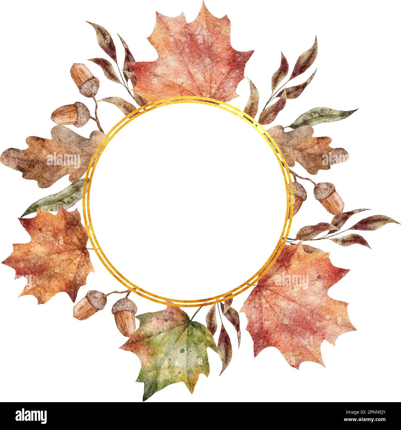 Watercolor fall leaves gold frame. Hand drawn maple and oak leaves ...
