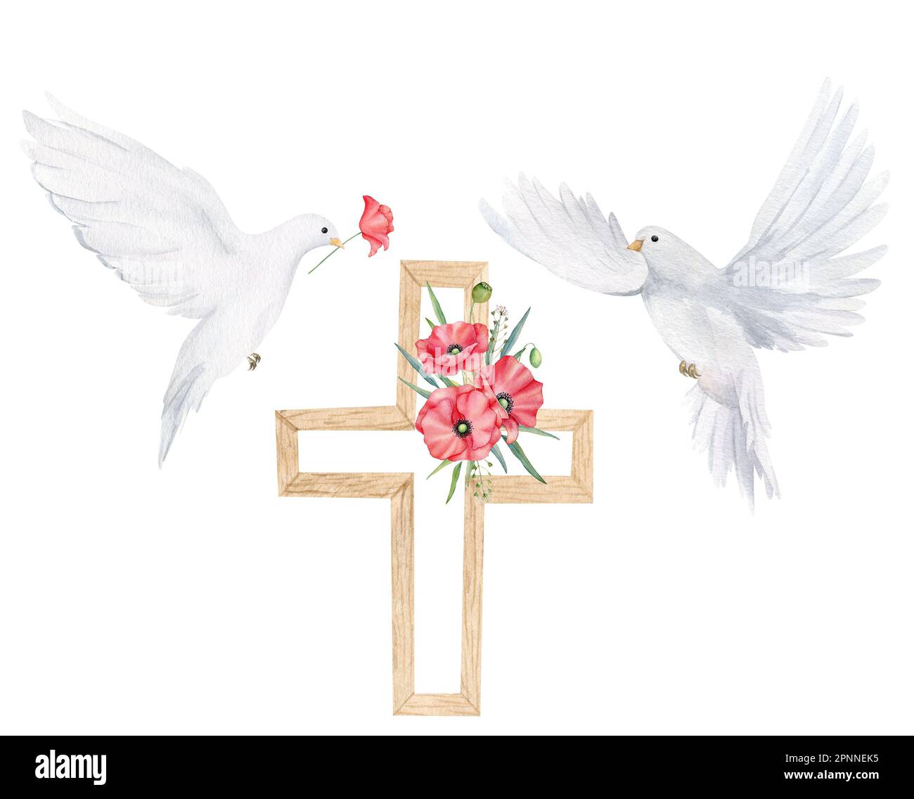 Wooden cross with red poppy flower and white dove. Watercolor design ...