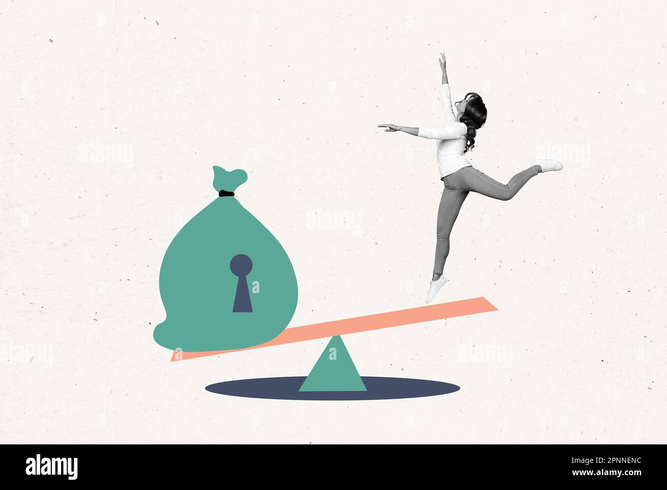 Collage portrait of black white effect mini girl jumping scales balance ...