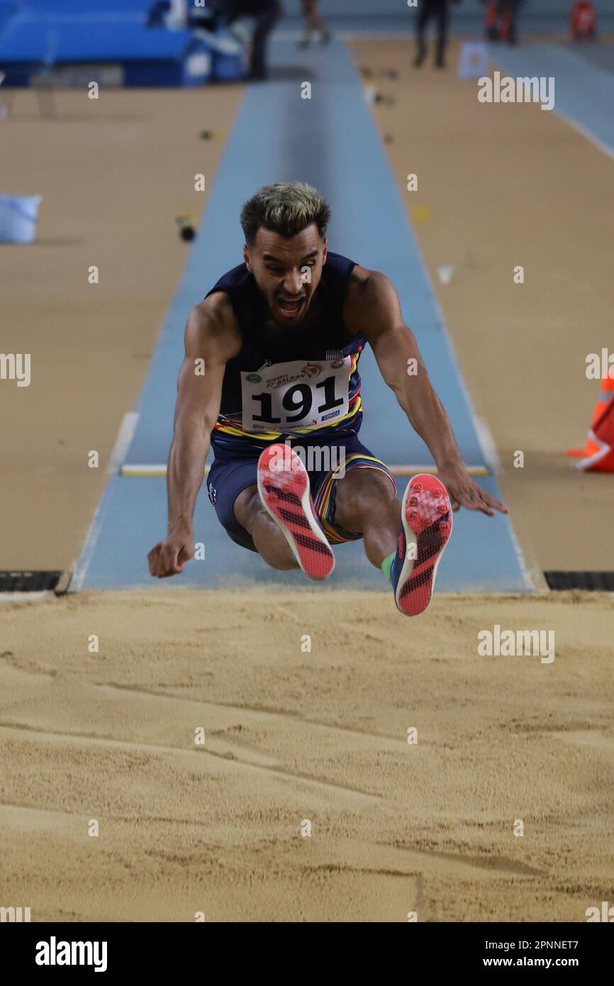 ISTANBUL, TURKEY - MARCH 05, 2022: Valentin Tanase Marian long jumping ...