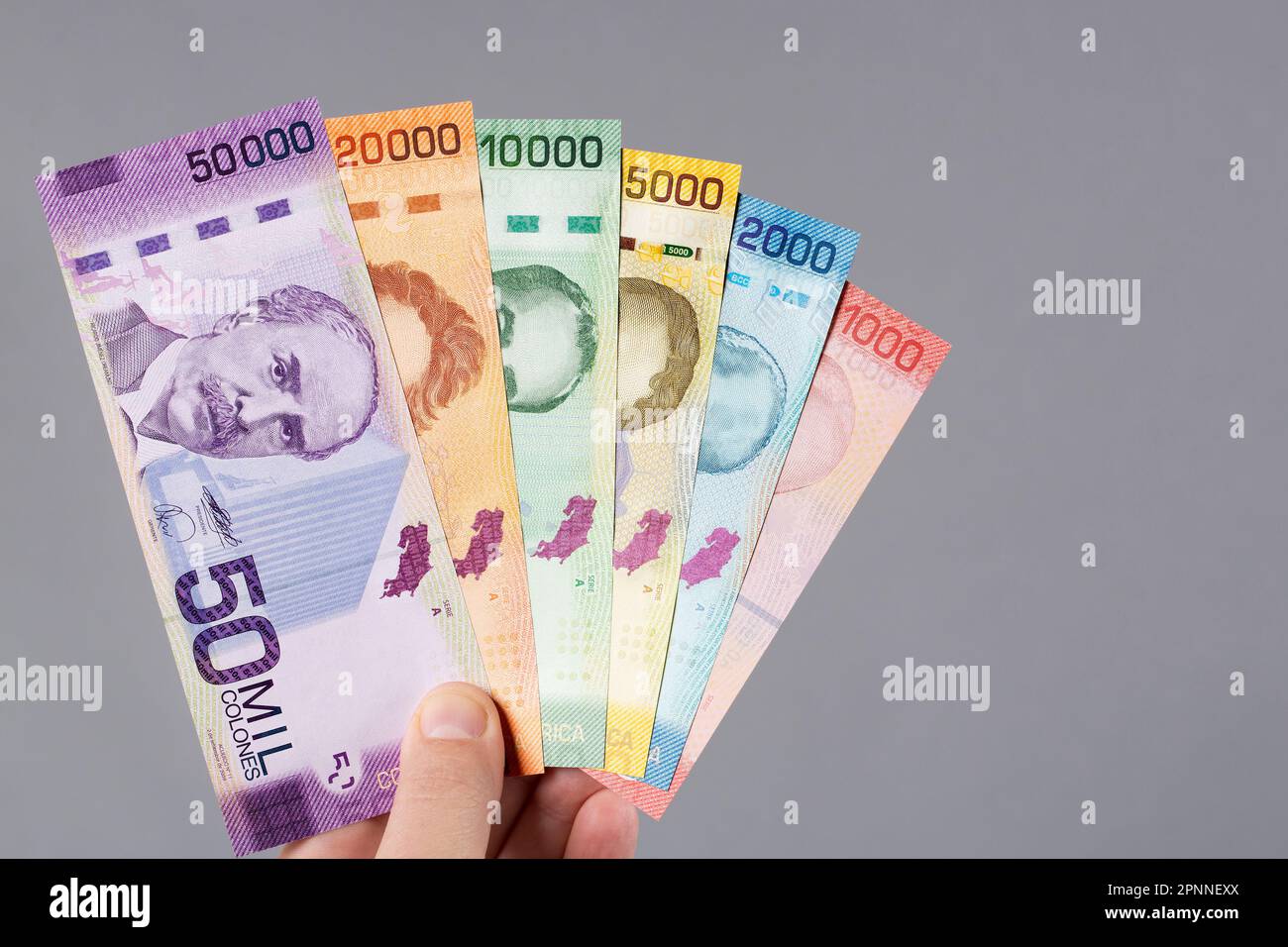 Costa Rican money - Colones in the hand on a gray background - older ...