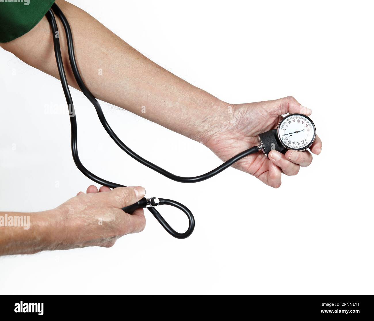Man measuring blood pressure with tonometer herself isolated white ...