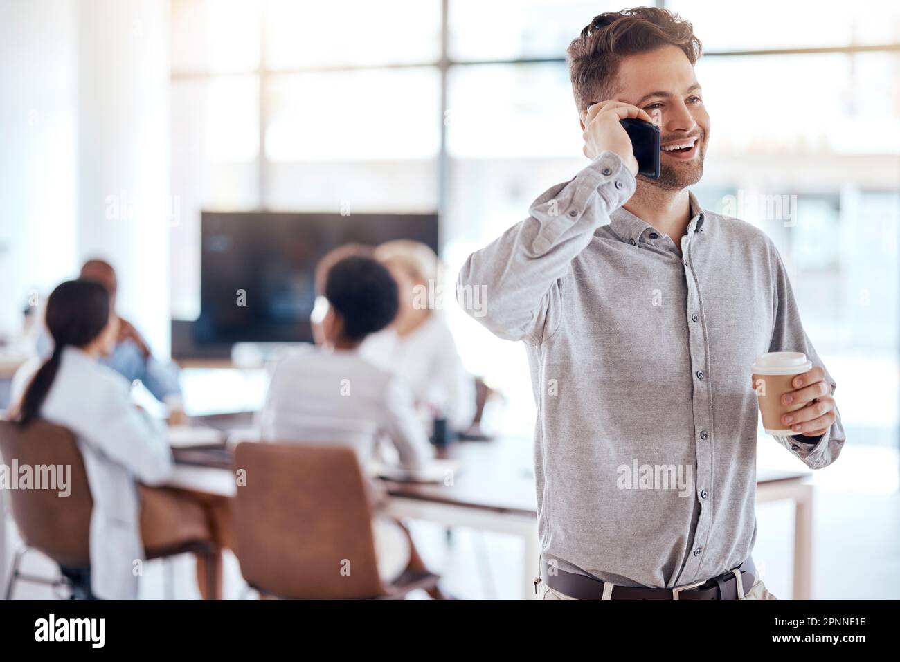 Happy businessman, phone call and meeting in conversation for team ...