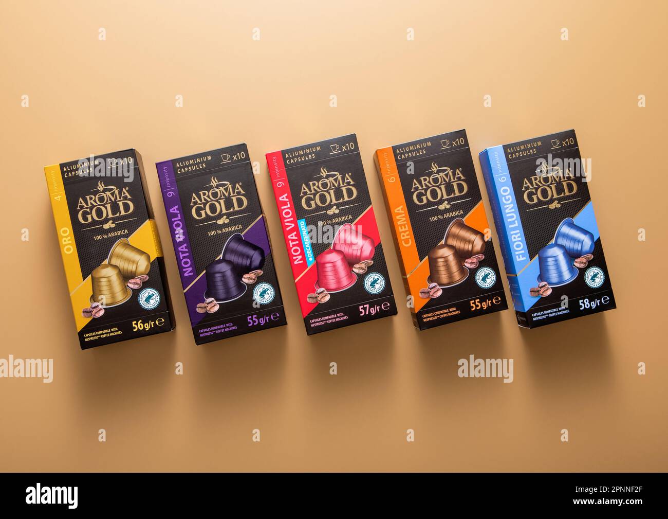 LONDON, UK - DECEMBER 20, 2022: Various Aroma Gold aluminium coffee ...