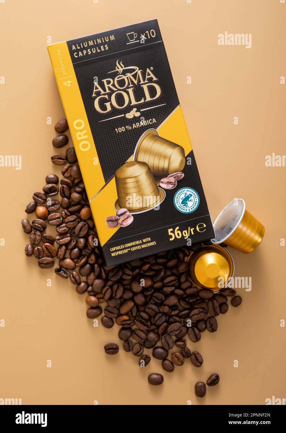 LONDON, UK - DECEMBER 20, 2022: Aroma Gold arabica aluminium capsules ...