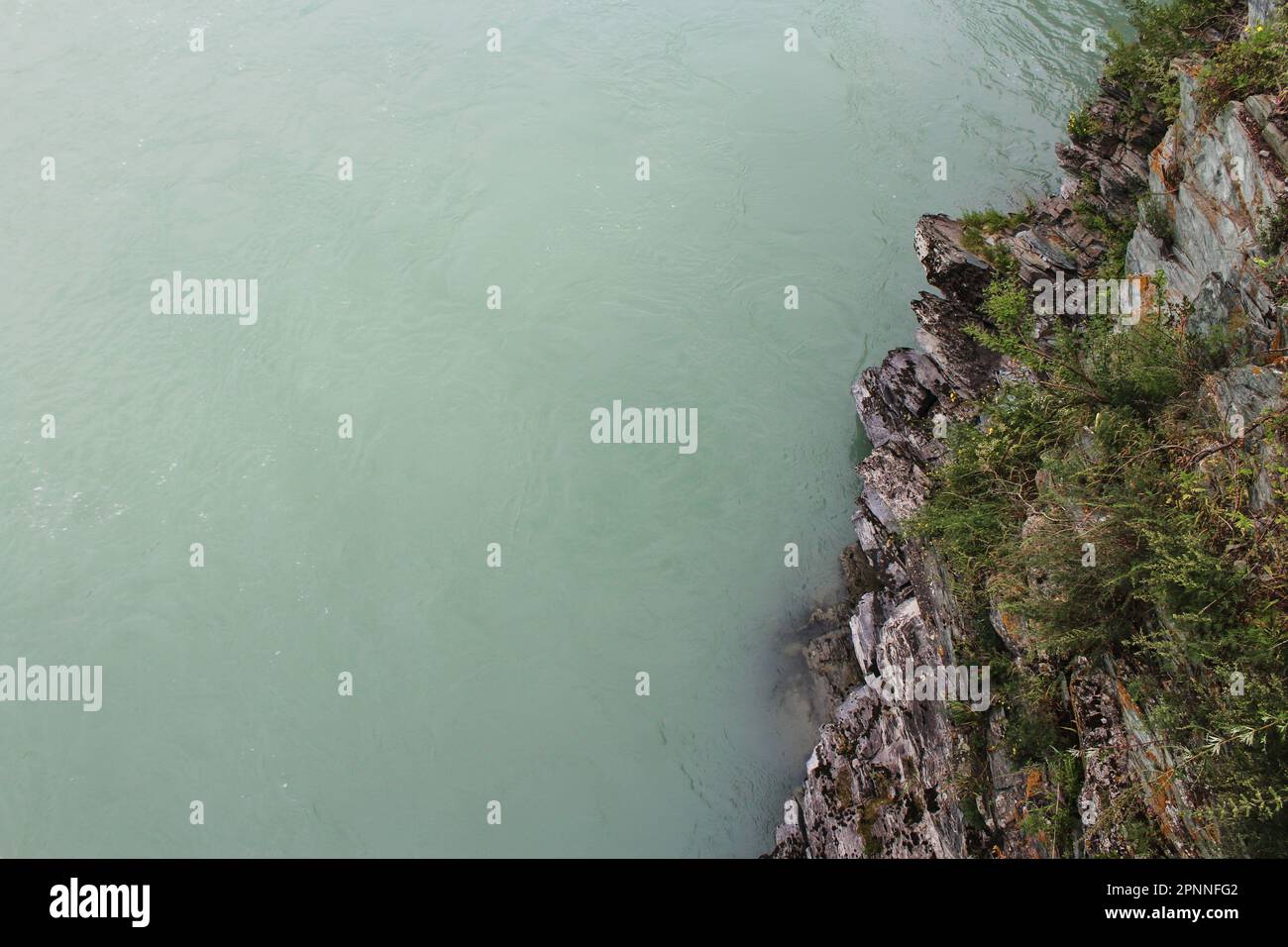 Rocky coast of the turquoise color river. Turbid water, green ...