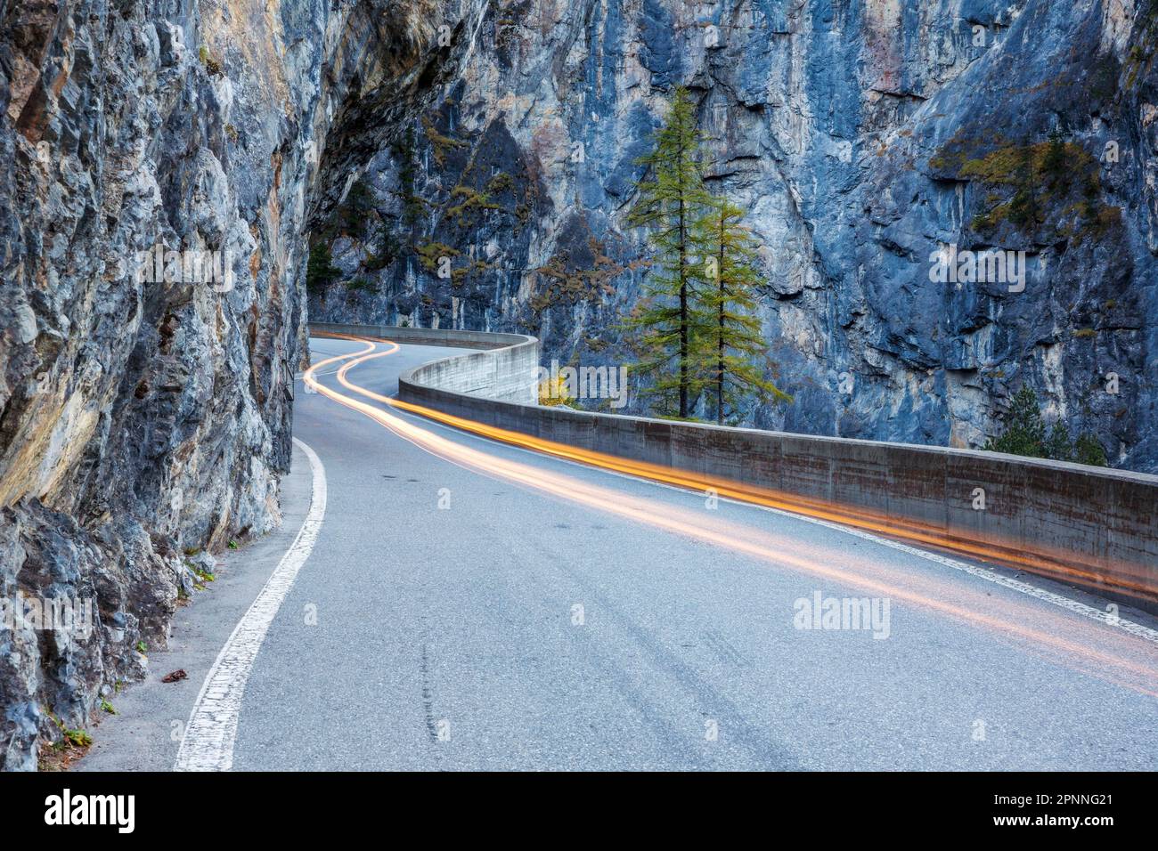 Albula Pass, road with many bends, light trail, Berguen, Grisons ...