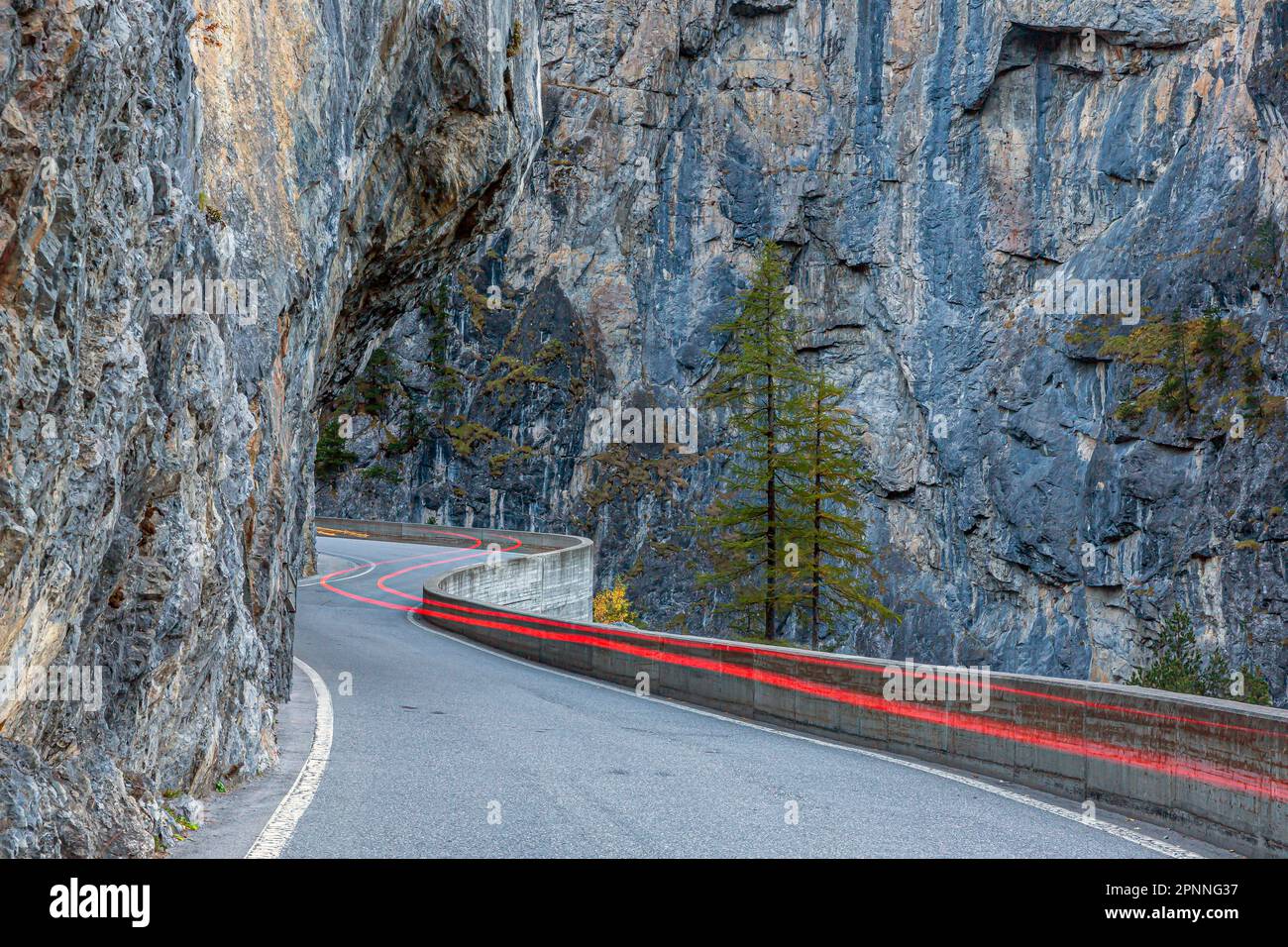 Albula Pass, road with many bends, light trail, Berguen, Grisons ...