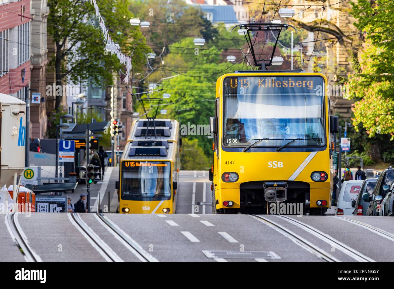 Light rail of the Stuttgarter Strassenbahn AG, uphill to Eugensplatz ...