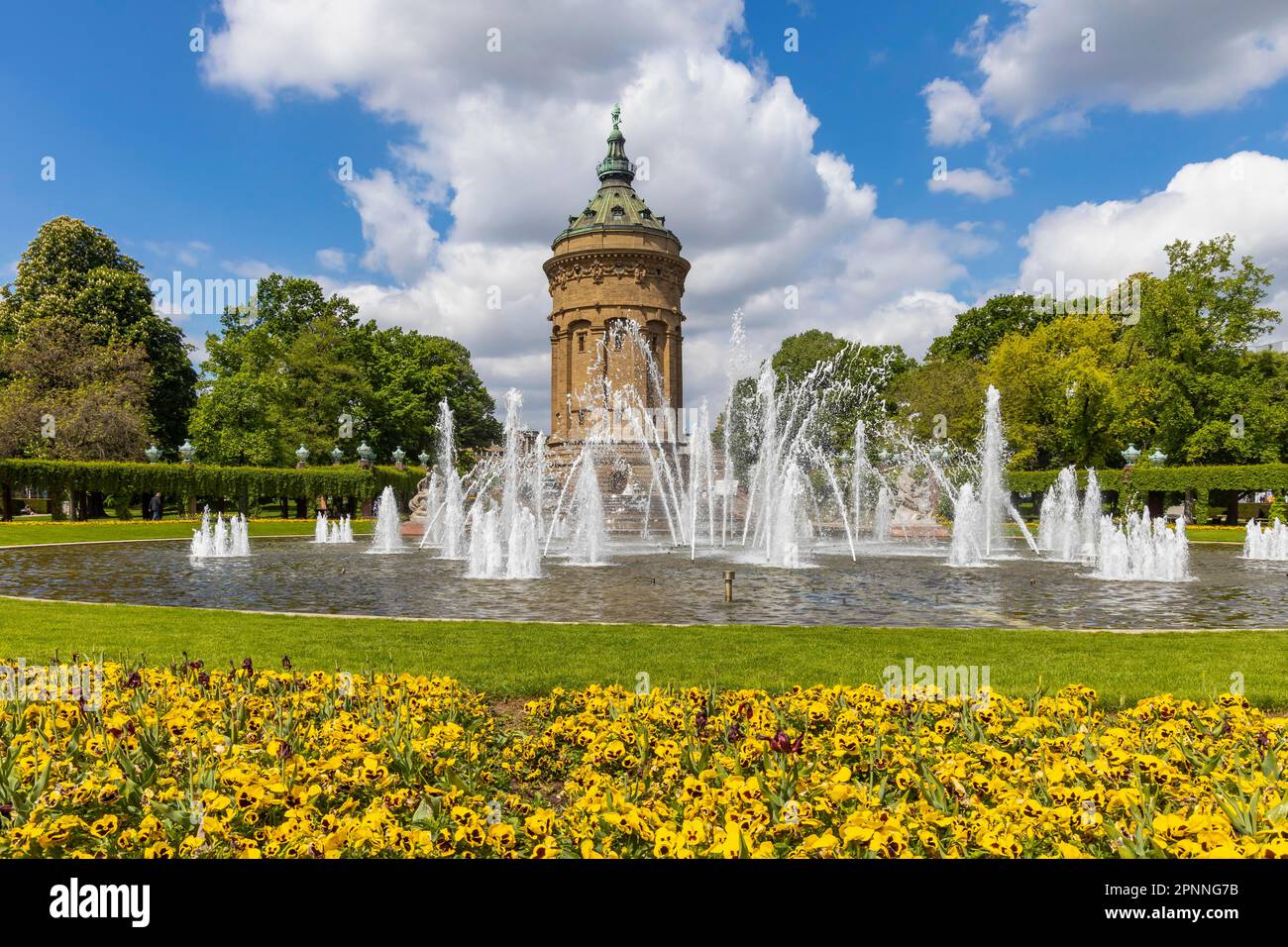 City view, historic water tower with fountain, landmark of Mannheim ...