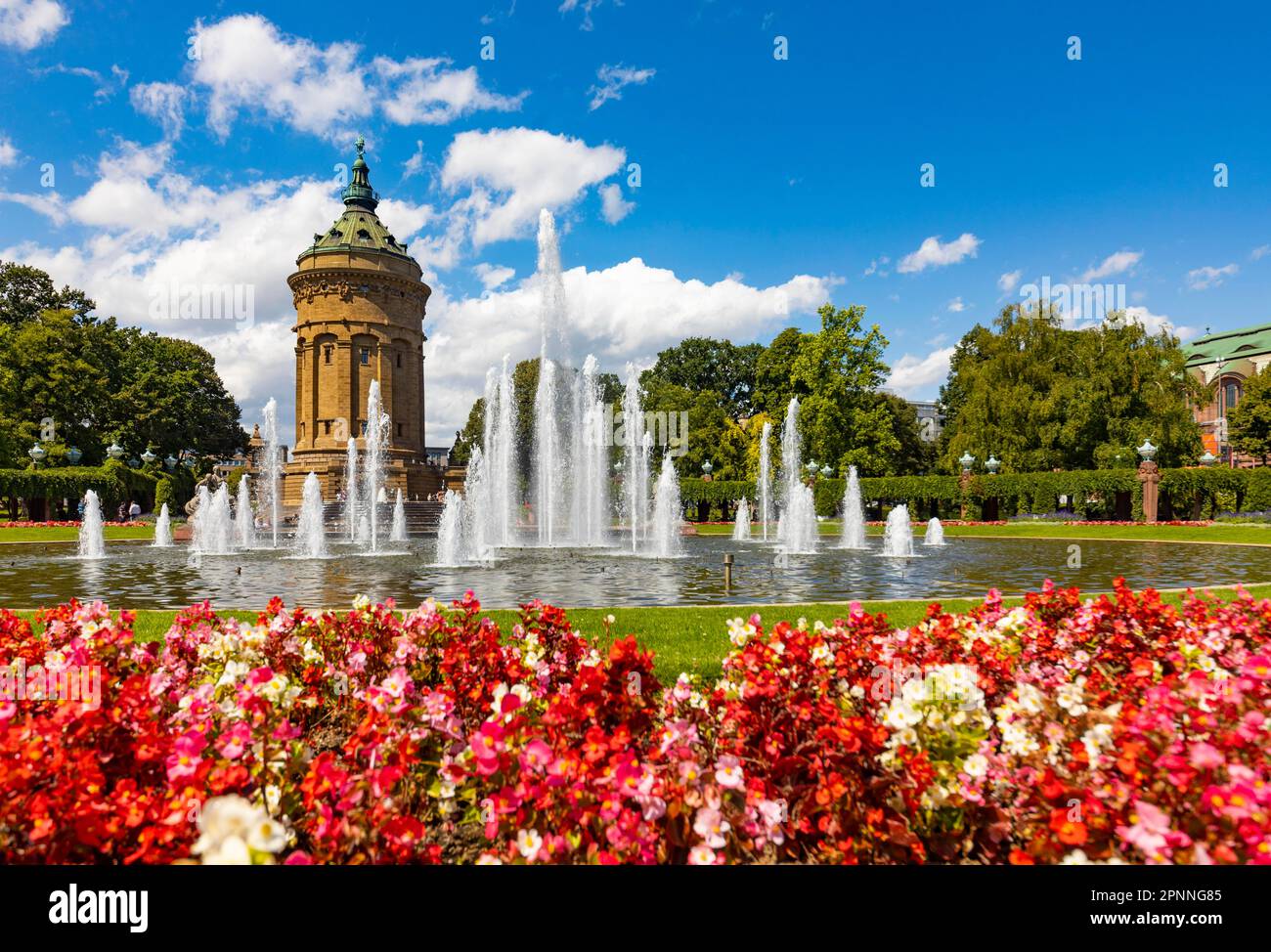 City view, historic water tower with fountain, landmark of Mannheim ...