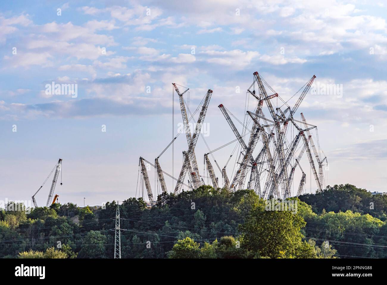Many cranes at the Liebherr factory, production in Ehingen, Baden ...