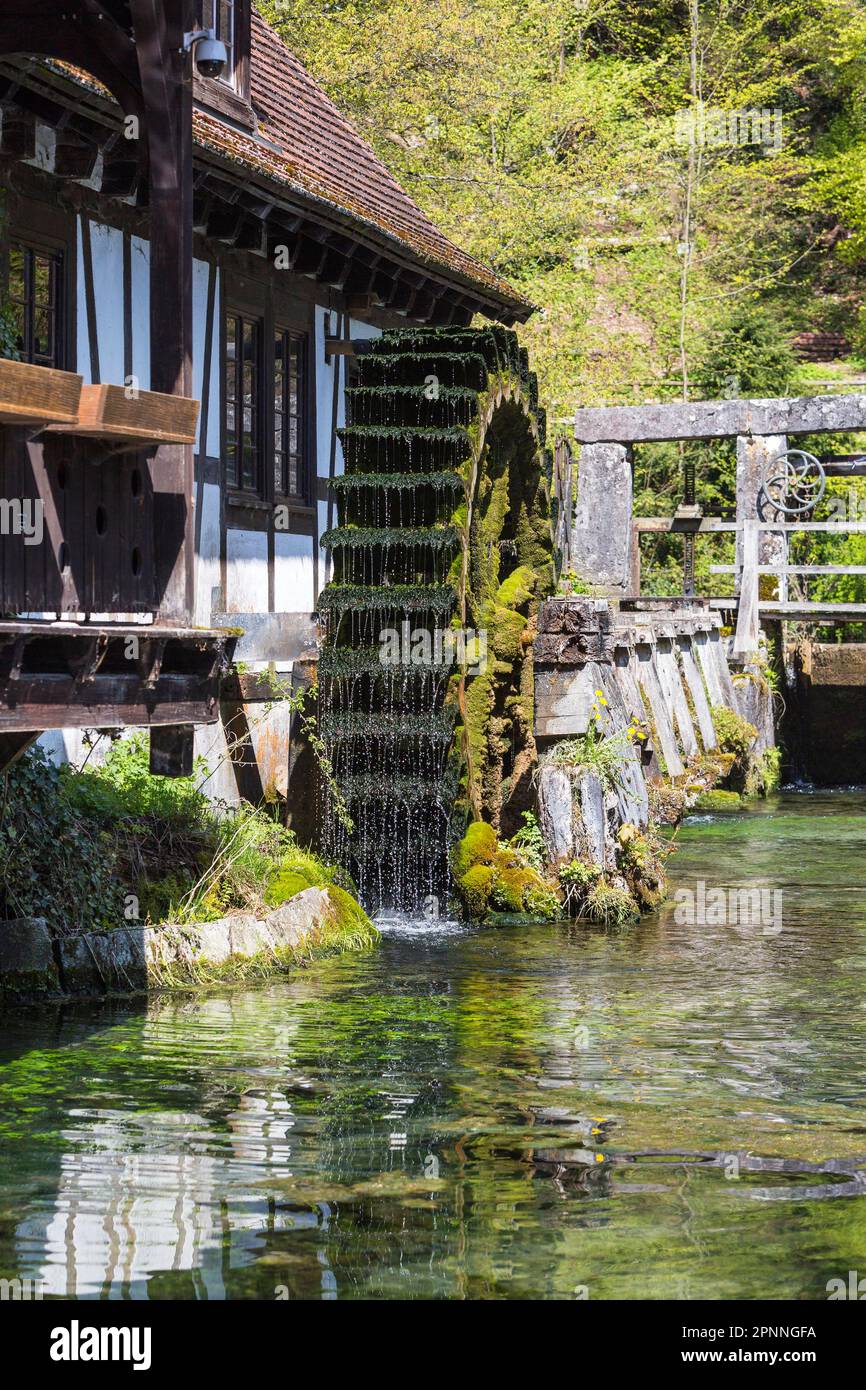Blautopf with historic hammer mill, Blaubeuren, Baden-Wuerttemberg ...