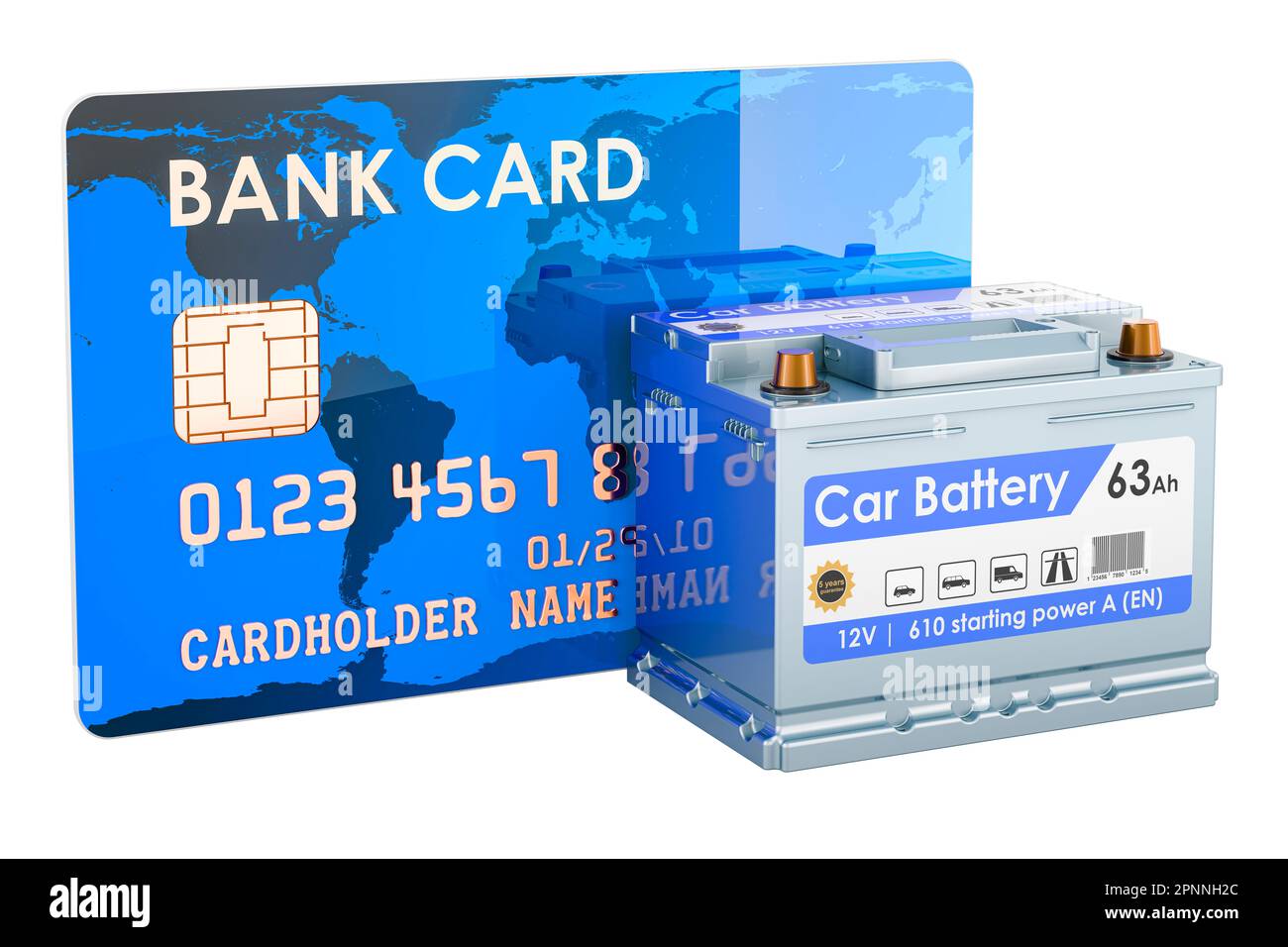 Car battery with credit card, 3D rendering isolated on white background ...