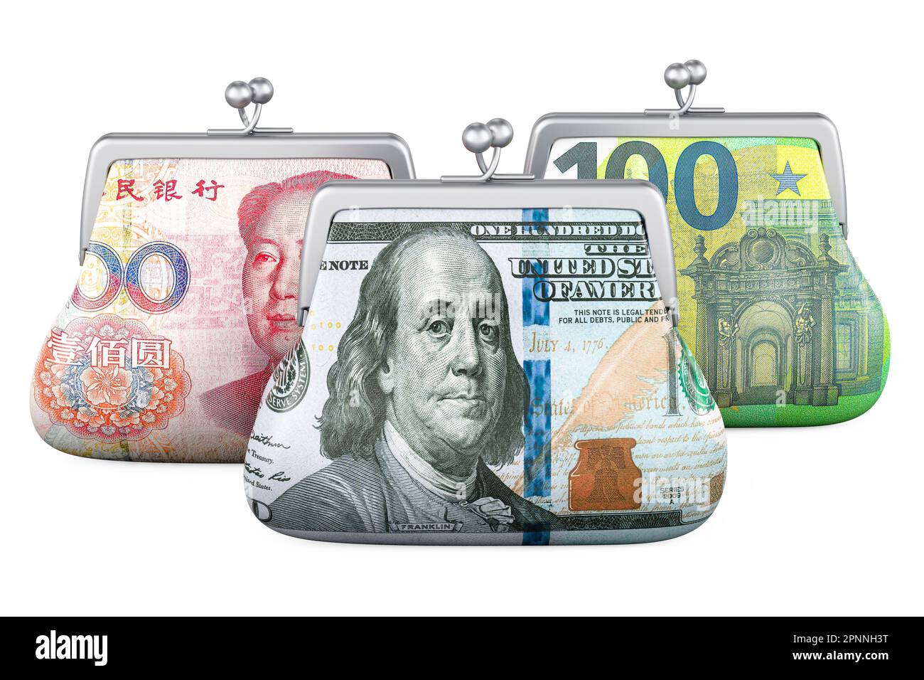 Coin purses with texture of dollar, yuan, euro, 3D rendering isolated ...
