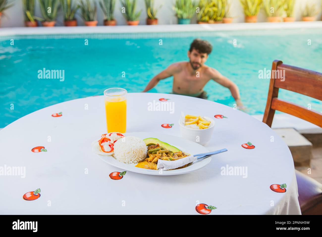 Traditional morning breakfast near the swimming pool, Traditional ...